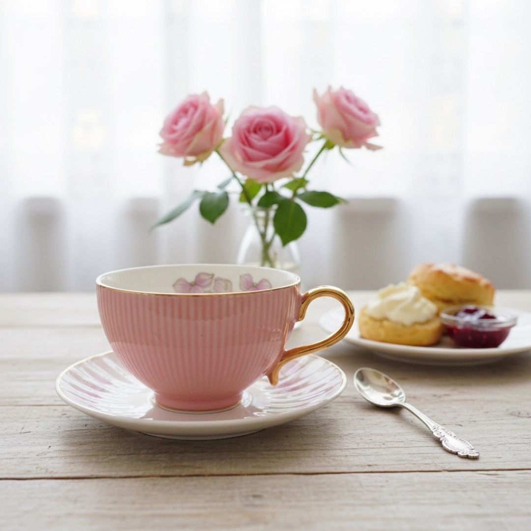 6-Pcs Pink Tea Cup Set | Floral Porcelain with Gold Trim