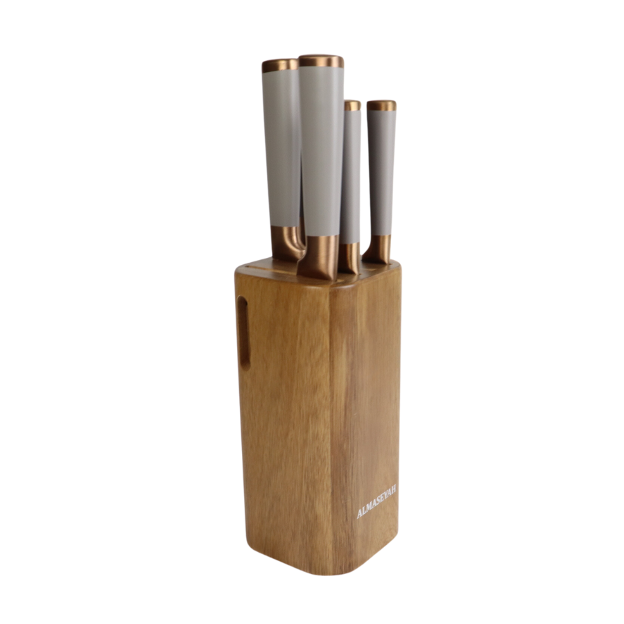 Chic Gray And Gold Knife Set With Elegant Bamboo Block - 5 Essential ...